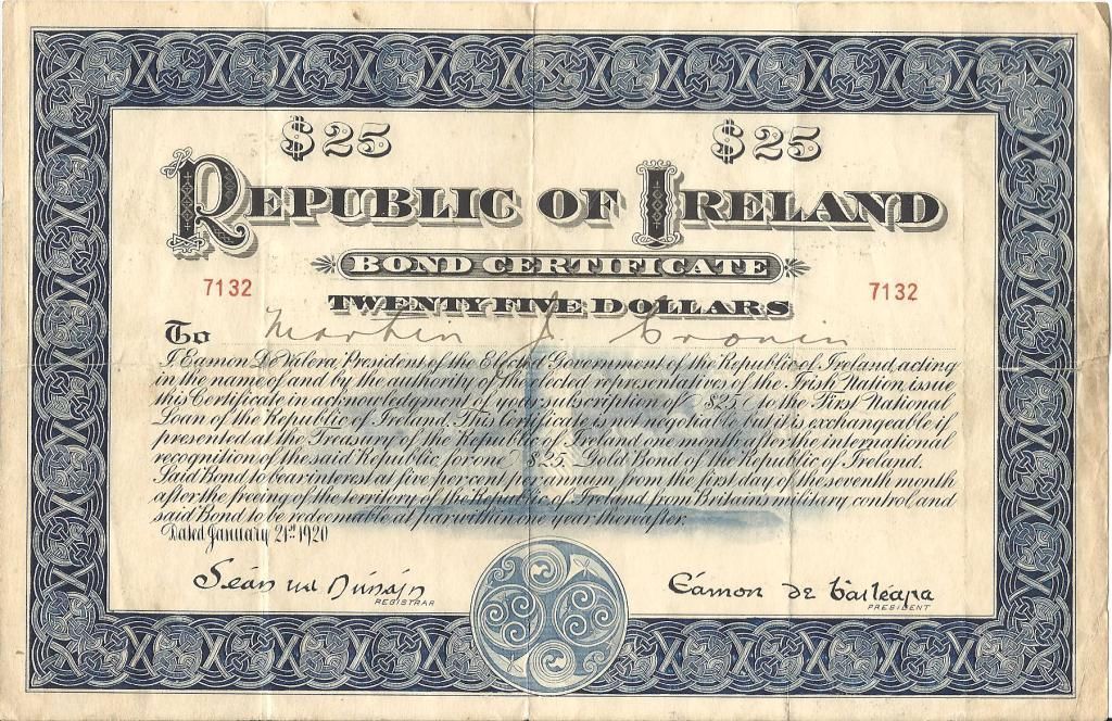 Dáil Éireann Bond Certificates: 1st Series, $25 (21 January 1920) | The ...