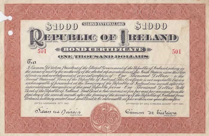 Dáil Éireann Bond Certificates: 2nd Series, $1000 (15 November 1921 ...