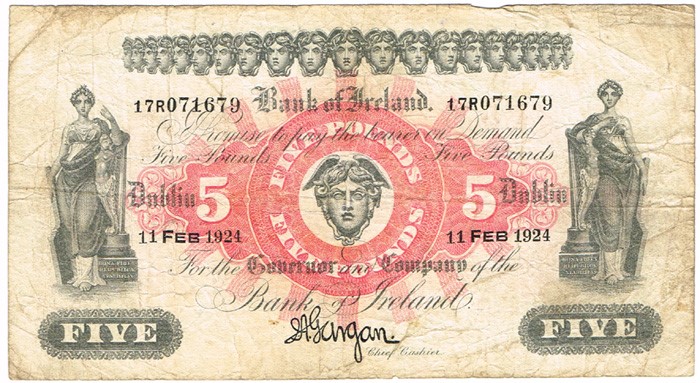 Early Irish Banknotes: 1924 Bank of Ireland (Seventeenth Issue) Five ...